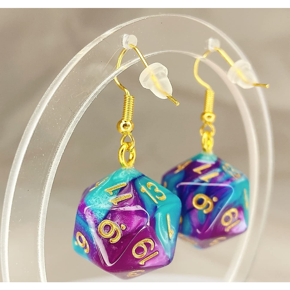 d20 20-Sided Polyhedral Dice Earrings - Hook with Earnuts (Light Blue-Purple Swirl)