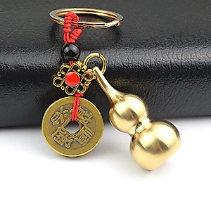 3PCS Chinese Gourd Brass Wu Lou Keychains, Gold Feng Shui Coins for Good Luck Fortune Longevity Success, Detachable Calabash Decorations Pendant Key Rings to Stuff Bless Prayer Note (Bottom Open)