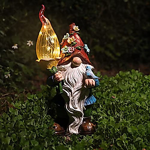 Ovewios Garden Gnome Statue - Large Gnomes Figurine in Red Flower Hat with Solar Light Resin Garden Decoration for Outside Patio Yard Lawn Porch Outdoor Summer Decoration Gifts…