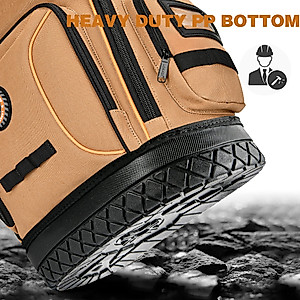 Tool Bag Backpack, 75 Pockets & Loops Canvas Heavy Duty Tools Organizer Bags/HVAC Tool Carrier for Electrician/Construction Work with Molded Base and Combination Lock - Brown