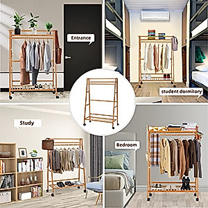 Azaeahom Bamboo Clothing Rack, Garment Coat Clothes Hanging Movable Duty Rack, 5-in-1 Shoe Hat Storage Organizer Shelves for Bedroom, Entrance, Home