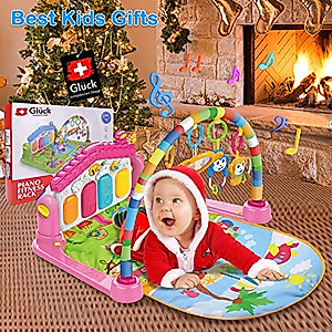 GLÜCK Baby Gyms&Play Mats-Kick and Play Piano Gym Tummy Time Padded Mat, Musical Floor Mat, Activity Piano Gym,Infant Newborn Play Mat for Babies ,Toddlers 0 to12 Months(Pink)