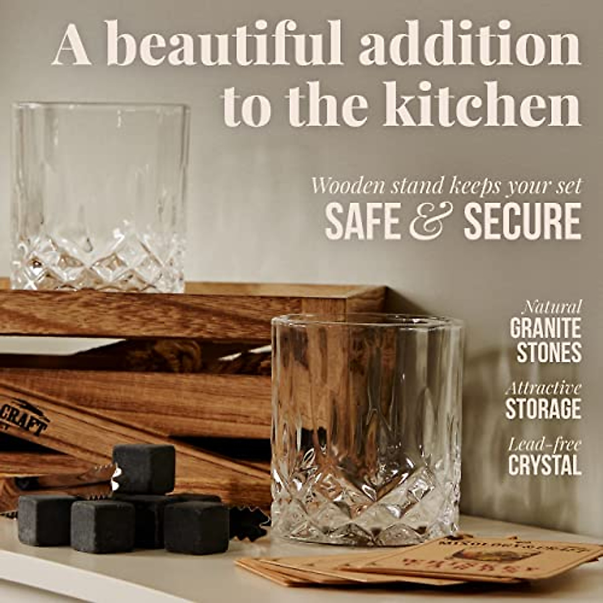 Mixology & Craft Whiskey Stones Gift Set - Great Whiskey Gifts for Men, 13pc Kit w/ 2 Bourbon Whiskey Glass Set, 8 Whiskey Rocks & Stand, Bourbon Gifts for Groomsmen, Anniversary, Birthday