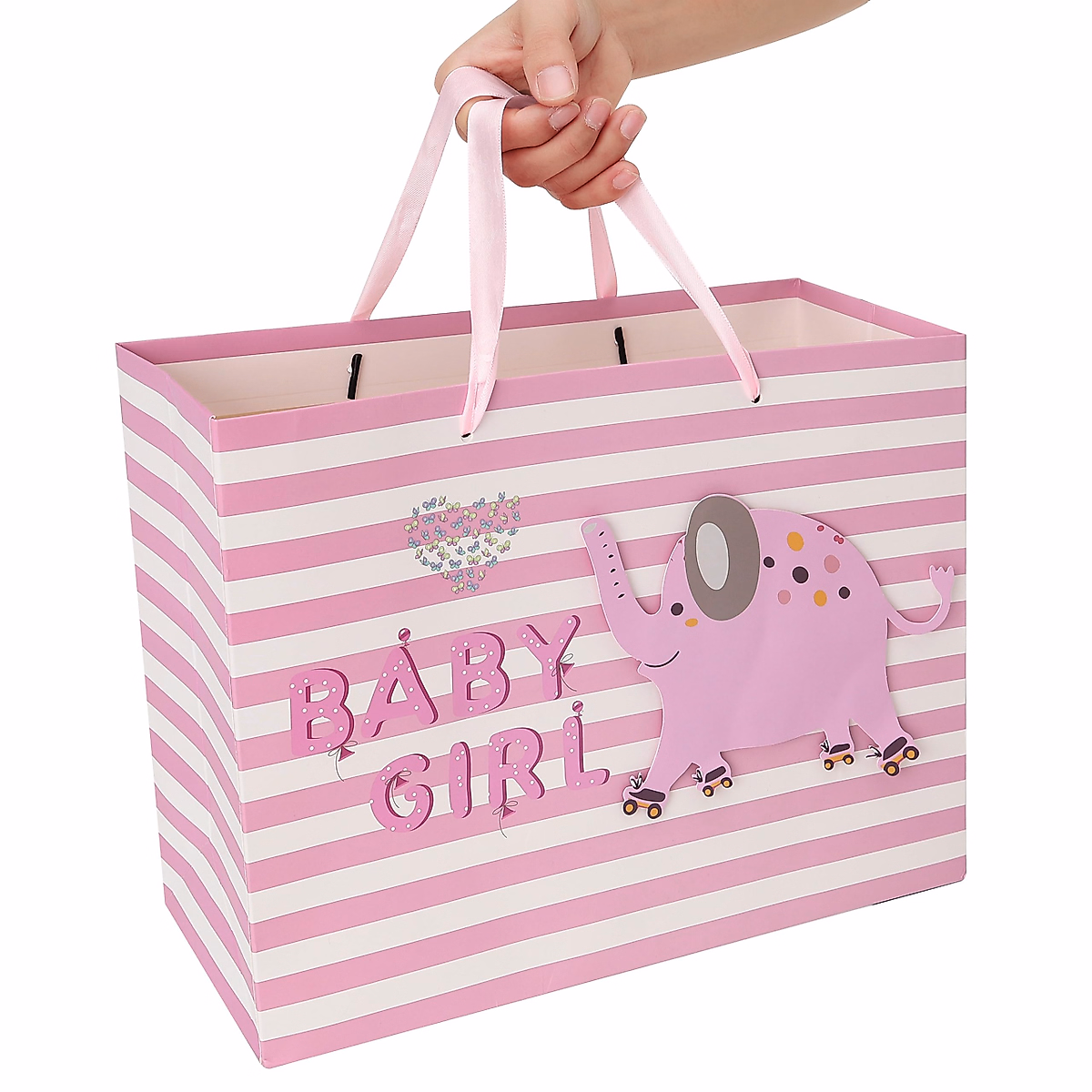 13" Large Pink Gift Bag Set with Greeting Card and Tissue Paper(3D elephant) for Baby Girl,Baby Shower,Kids Birthday Party,Newborn,New Moms or Parents-13” x 5.2” x 10.2”, 1 Pcs.