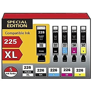Canon PGi-225 and Cli-226 Compatible Ink Cartridge Value Pack. Includes 1 PGi-225 Black, 1 Cli-226 Black, 1 Cyan, 1 Magenta, and 1 Yellow Ink Cartridges