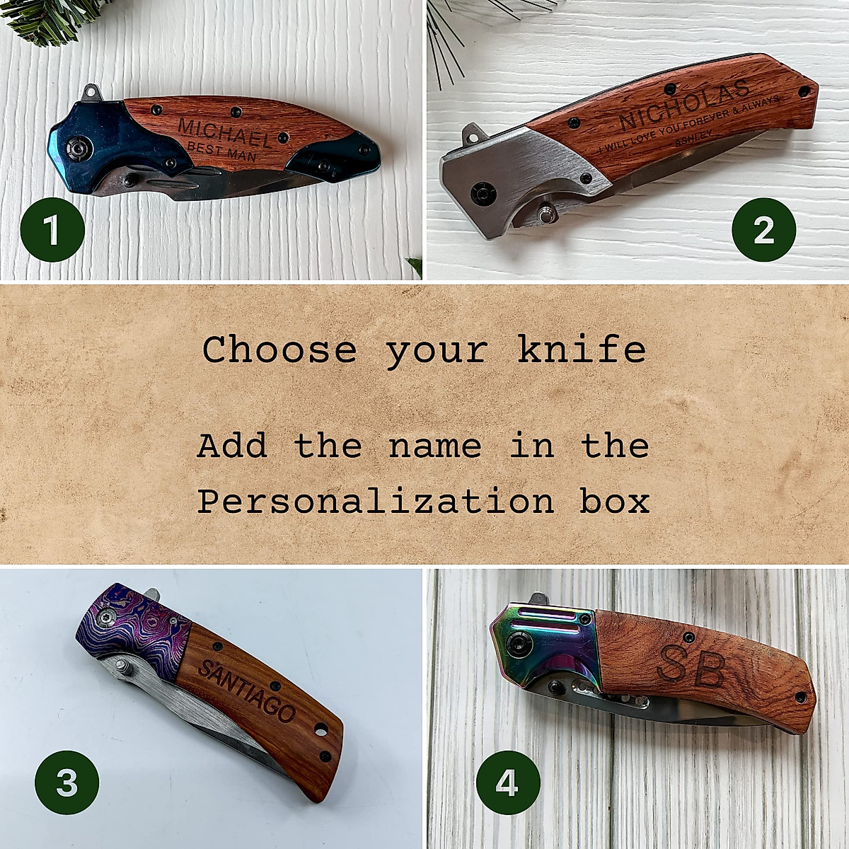 Personalized POCKET KNIFE Engraved Wood Folding Knive Stainless Steel l Standard Edge 5" Blade Wood Handle With Ultra-Secure & Comfortable Belt Clip Custom Gifts for Him Men Dad Boyfriend Father Husband Anniversary Groomsmen (Knife NOT Engraved)