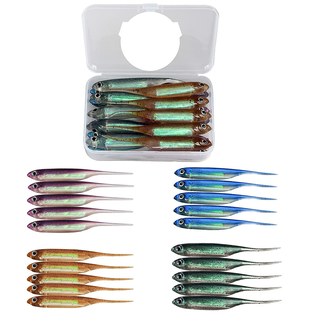 JOHNCOO 20pcs Soft Baits Shad Fishing Lures Paddle Tail Swimbaits Plastic Lures for Bass Trout Fishing Gifts for Men