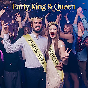 Saintrygo 12 Pcs Prom Crown and Sash Set, Prom King and Prom Queen Tiara Rhinestone Crown Glitter Sash Prom Court Royal Satin Sash for Graduation Prom Night Party Birthday Accessory (Gold,Stylish)