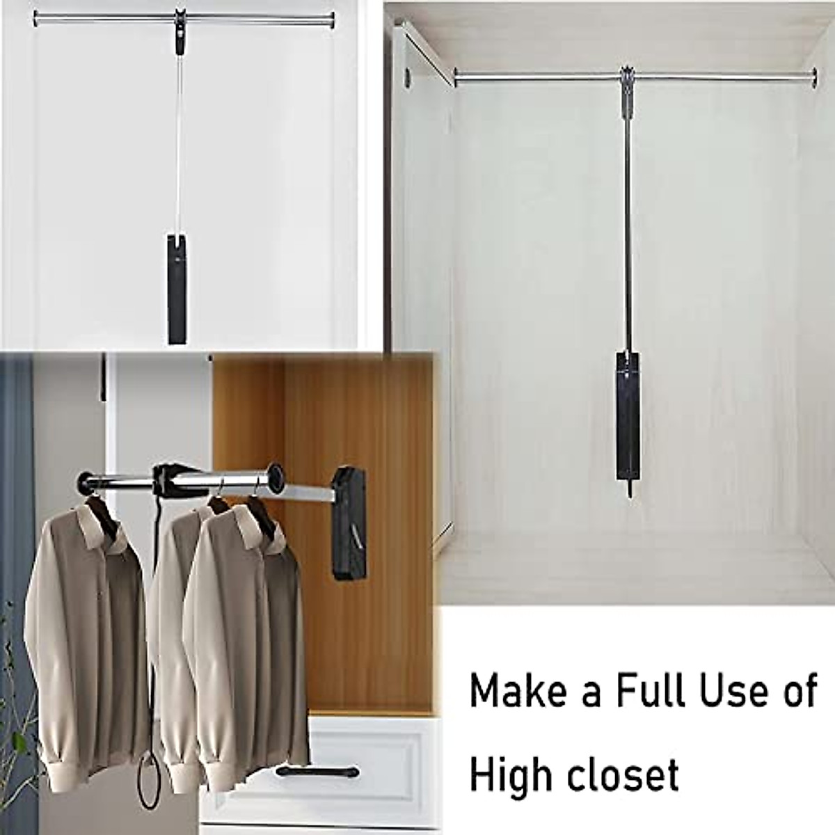 WERTY Lift Pull Down Closet Rod System, Wall-Mounted Soft-Close Wardrobe Lift Pull Down Clothes Rail, Closet Hanger Rod for Hanging Clothes Space Saving