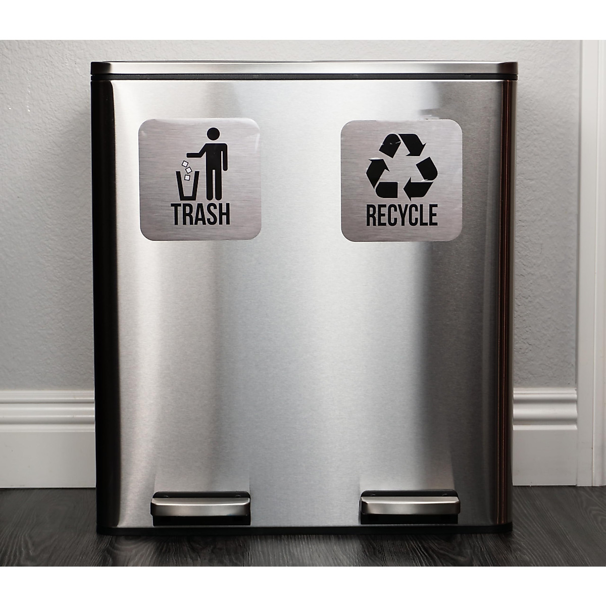 Recycle and Trash Stickers for Trash Cans - Stainless Steel Style Vinyl Recycling Bin Labels - 2 Pack - 6.5" by 6.5" Decals Logo - Waste Signs for Home Kitchen or Office Bins Indoor/Outdoor Use
