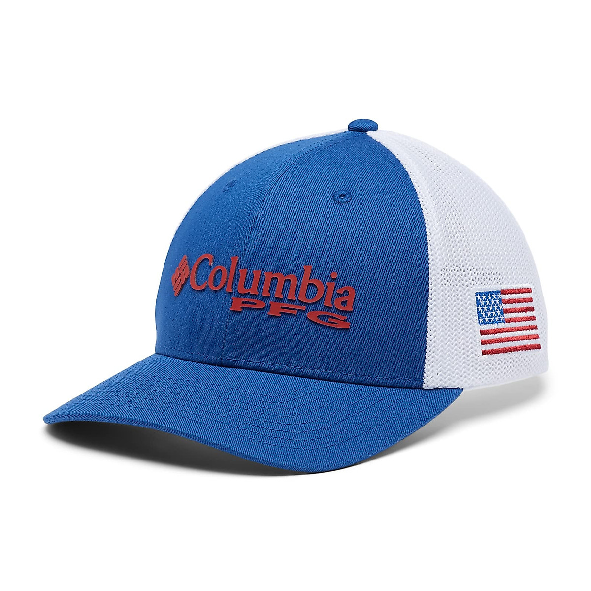 Columbia Unisex PFG Mesh Ball Cap, Mountain Blue/Us Flag, L/XL