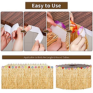 ADXCO 3 Packs Hawaiian Luau Grass Table Skirt 108 x 30 Inch Tropical Hibiscus Luau Party Decorations Brown Hawaiian Table Skirts for Moana Themed Events, Birthday