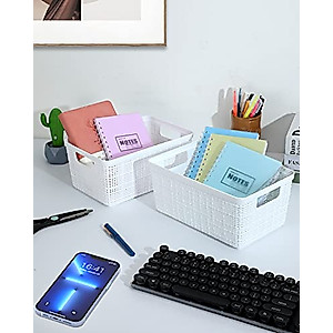 Set of 6 Plastic Storage Bins Pantry Organization and Storage Containers Storage Baskets Shelf Organizer Bins for Shelves Drawers Desktop Closet Playroom Classroom Office, White