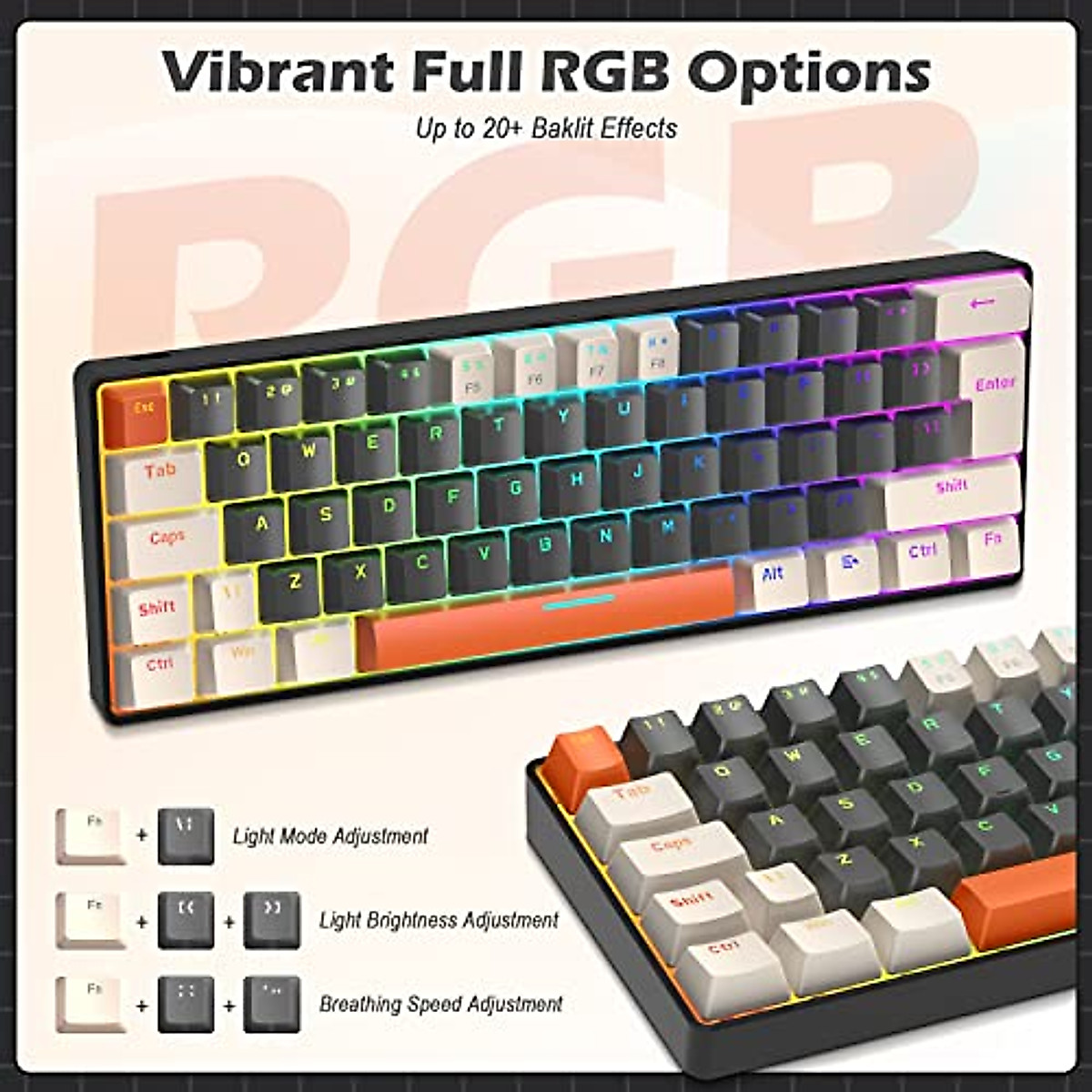 ZIYOU LANG RK-T60 Wired Mechanical Gaming Keyboard and Mouse Combo Portable with Rainbow Backlit 62Key NKRO 6400DPI RGB Honeycomb Mice Coiled Aviator Cable for PS4/PC/WIN Gamer(Dark Gray/Blue Switch)