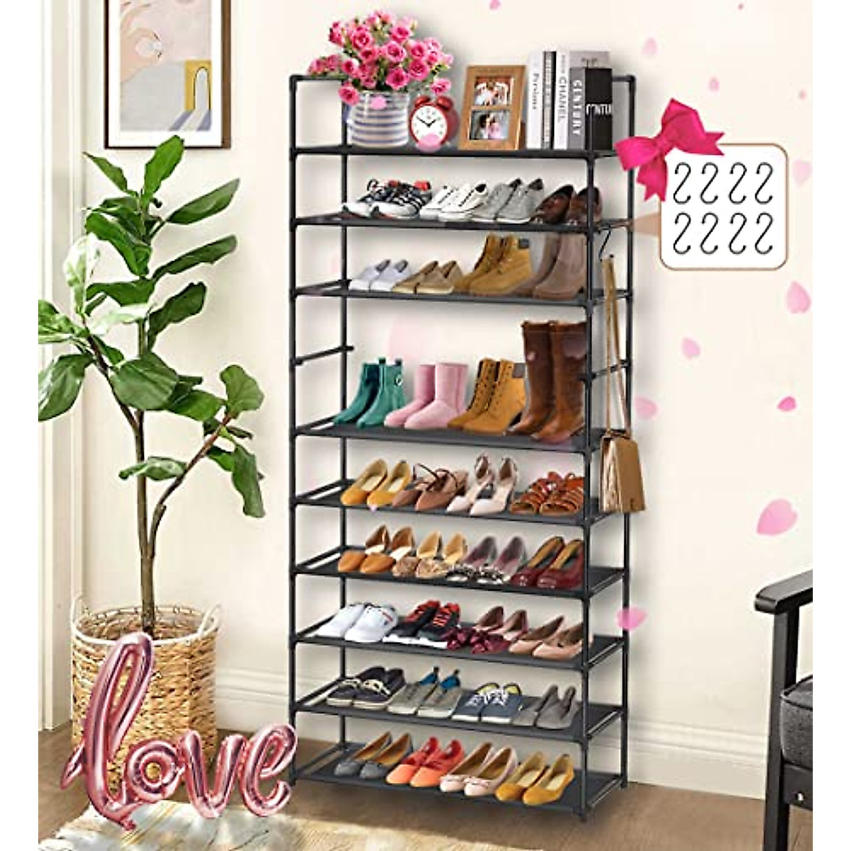 AOSION 10 Tier Shoe Rack,Shoe Rack for Closet,30-50 Pairs Tall Shoe Rack Organizer with Hooks,Large Shoe Rack with Removable,Space Saving Shoe Shelf,Non-Woven Fabric Shoe Tower,Black