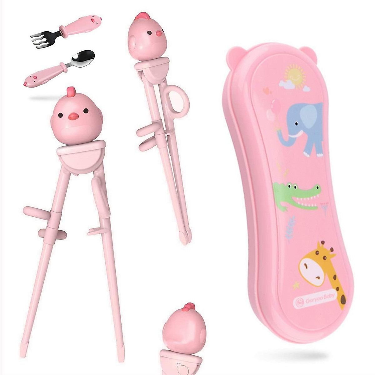 Training Chopsticks Set for Kids and Beginners,Chopstick Spoon Fork and Case Set,Reusable Learning Chopsticks with Attachable Learning Chopstick Helper - Right Handed Only Stainless Steel Pink