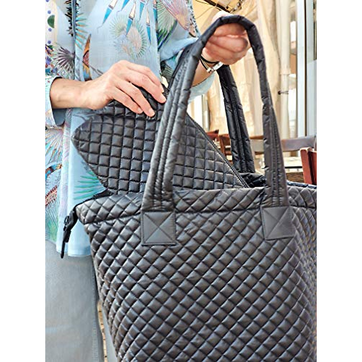 CLARANY Comfortable Lightweight Large Quilted Zipper Tote with Pouch water repellent Black