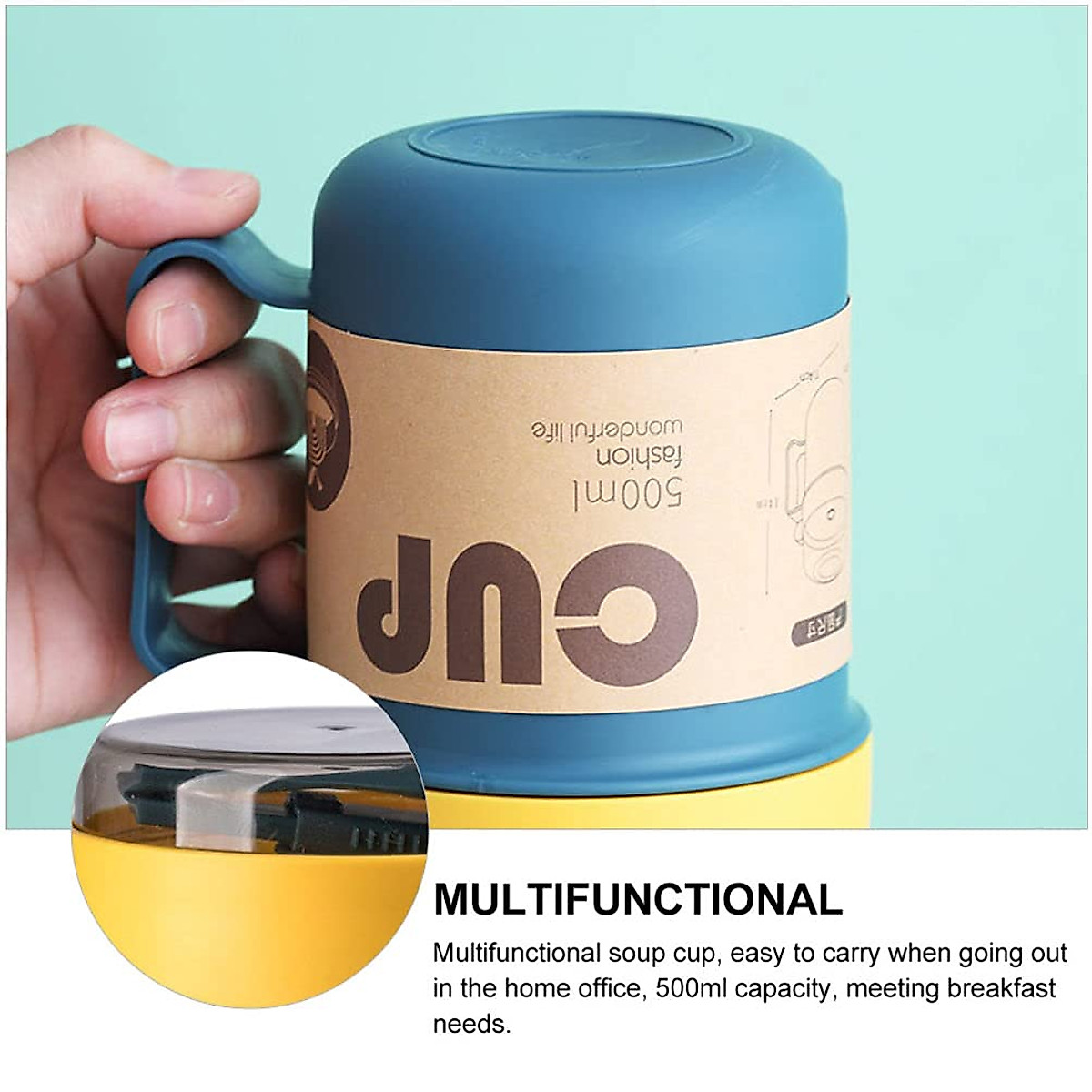 VOSAREA Microwave Soup Mug Lunch Bag Women Coffee Mug 1 Pc Soup Mug with Lid Portable Soup Mug Breakfast Cup Household Milk Cup with Spoon and Handles (500ml) Lunch Bag Women Coffee Mug