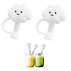 Gowxs Cloud Straw Tips Covers, Food Grade Reusable Silicone Straw Tip,cute Straw Covers Plugs,Soft Straws Plugs for 6-8 mm,Anti-dust(White 2pcs)