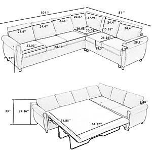 Plococo Sleeper Sofa with Queen Mattress, 2 in 1 Pull Out Couch Bed,6 Seater Sofa Bed, L Shaped Sleeper Sectional Sofa Couch,Riveted Sofa,104'' Large Combined Sofa in Living Room (Gray)