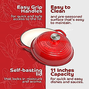 Enameled Cast Iron Bread Pan with Lid, 11” Red Bread Oven Cast Iron Sourdough Baking Pan, Dutch Oven for Bread, No Seasoning Needed -Segretto Cookware