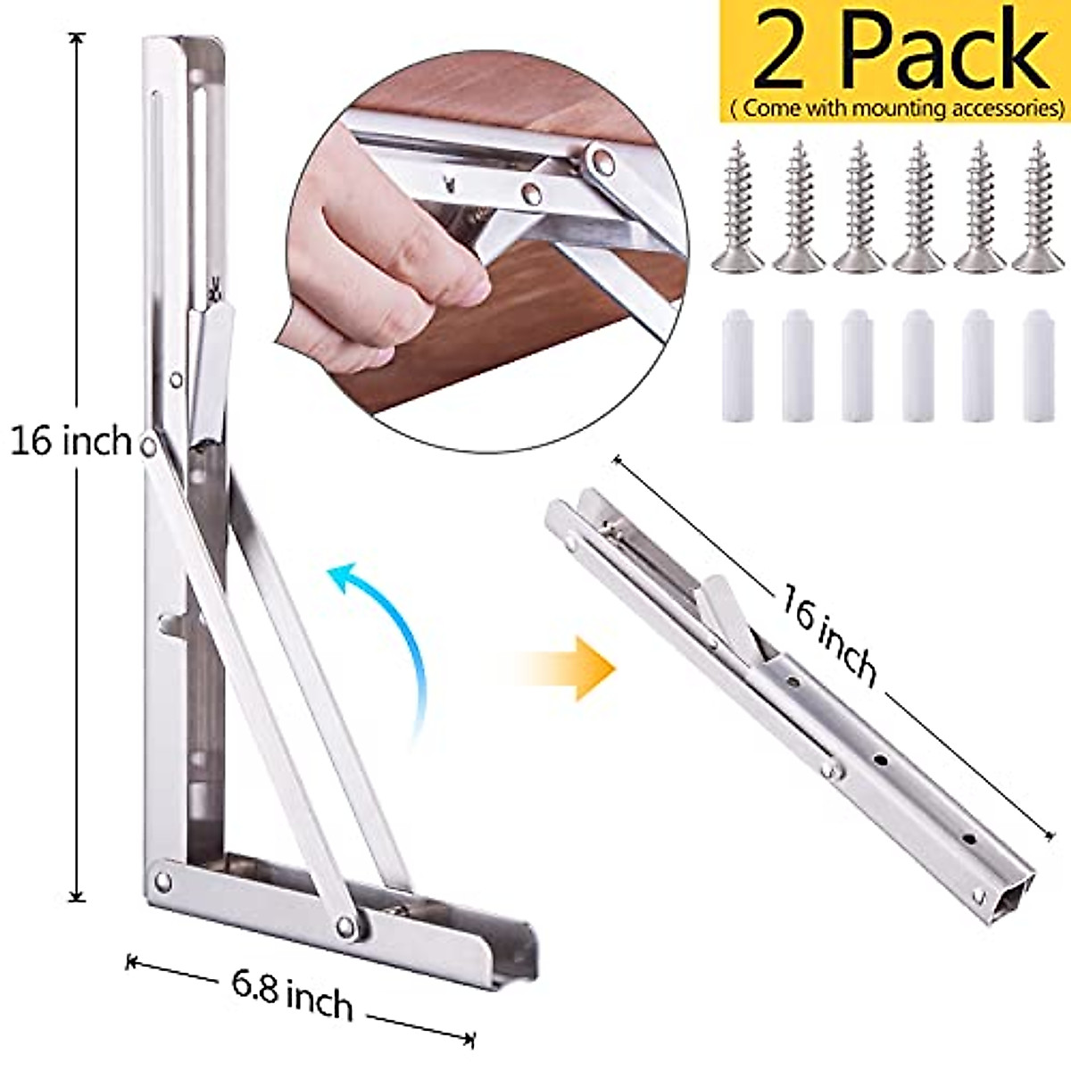 Folding Shelf Brackets 16 Inch, Pynsseu Heavy Duty Stainless Steel Collapsible Wall Mounted Shelf Bracket for DIY Table Work Bench, Space Saving DIY Wall Bracket, 2 Pack