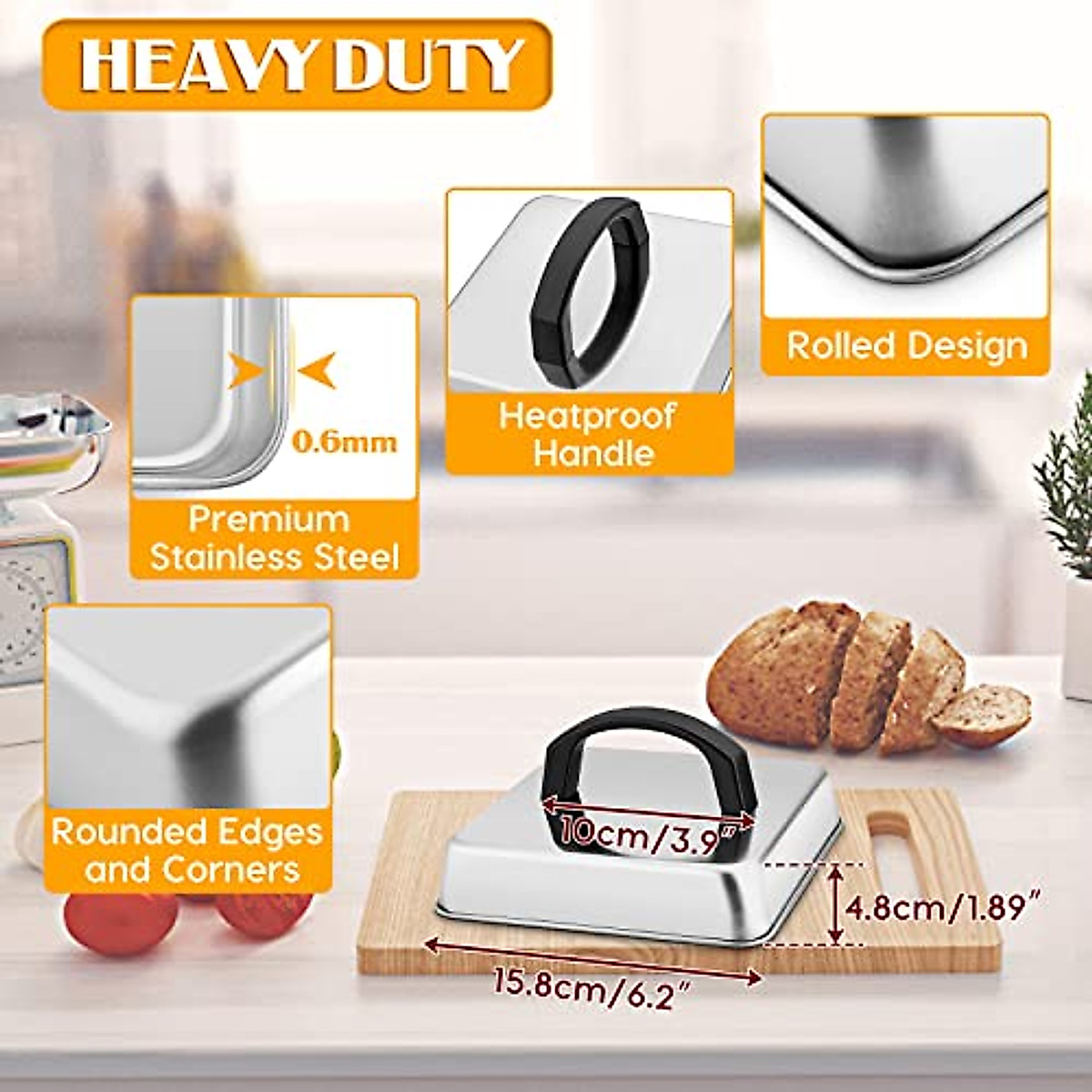 Leonyo Square 6.2 Inch Melting Dome Set of 2 & 5.5 Inch Burger Press, Heavy Duty Griddle Grill Steam Dome Lid (2 Pack), Stainless Steel Smash Bacon Grill Press for Burger Patty Cast Iron Flat Top BBQ