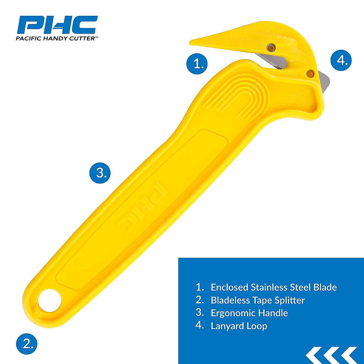 Pacific Handy Cutter Disposable Film Cutter NSF Certified Food Safe Safety Box Cutter & Bladeless Tape Splitter Perfect for Cryovac, Plastic Bags, & Shrink Wrap Yellow