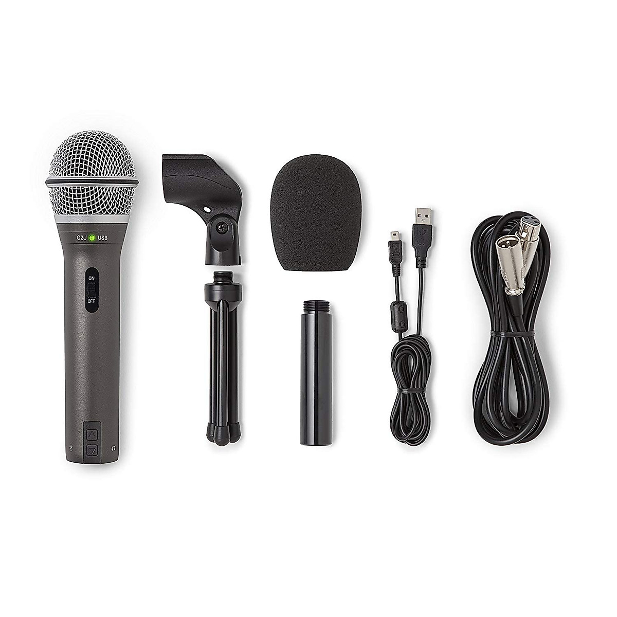 Samson Q2U Handheld Dynamic USB/XLR Microphone Podcasting Pack (Gray) (SAQ2U) Includes Mic Clip, Desktop Stand, Windscreen and Cables Plus a Bundle w/ SR360 Over-Ear Headphones, and More