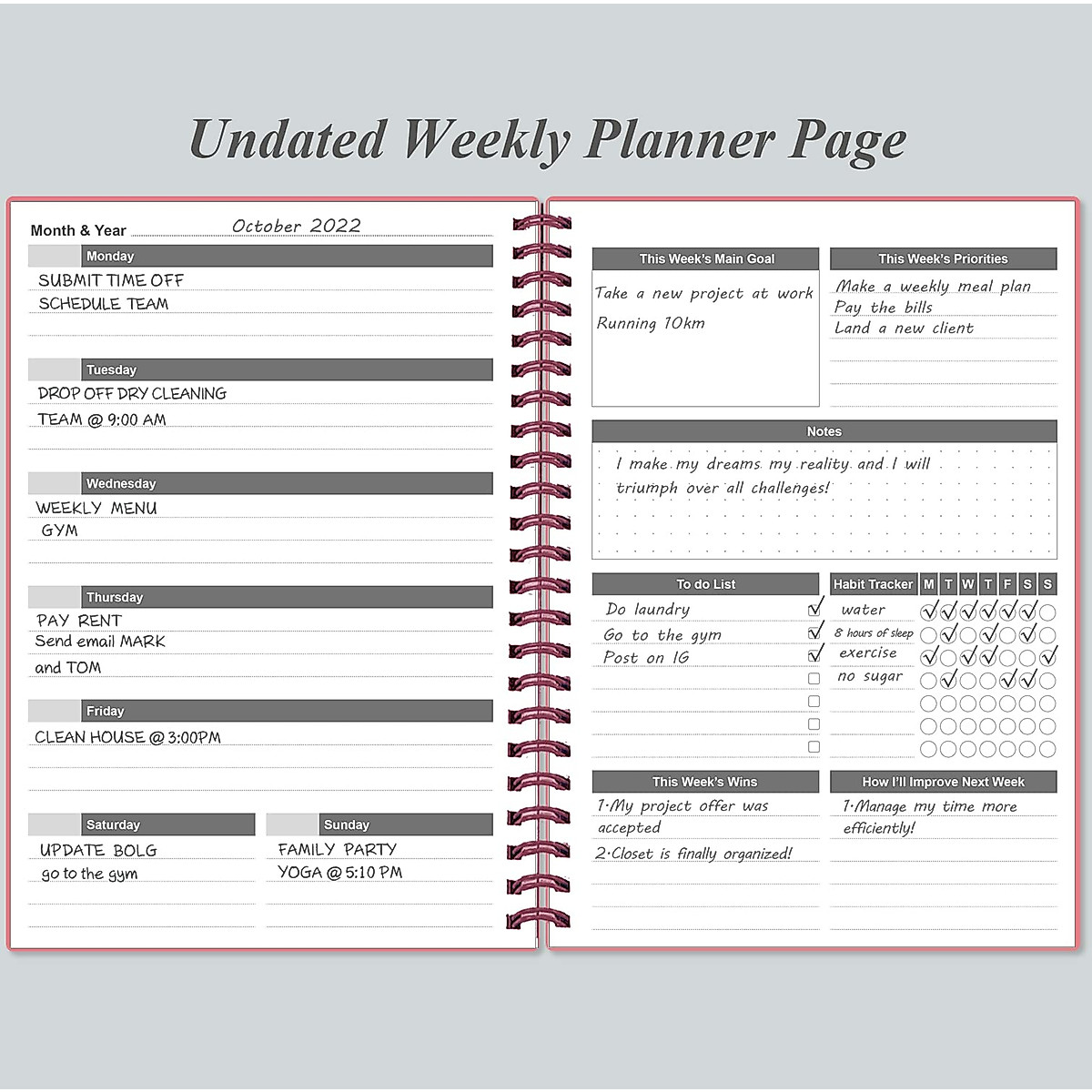 Weekly Planner Undated - Spiral Goal Planner Notebook, A5 To Do List Planner for Men and Women, PVC Hardcover, Elastic Closure,Inner Pocket, 8.3" x 5.8", Pink