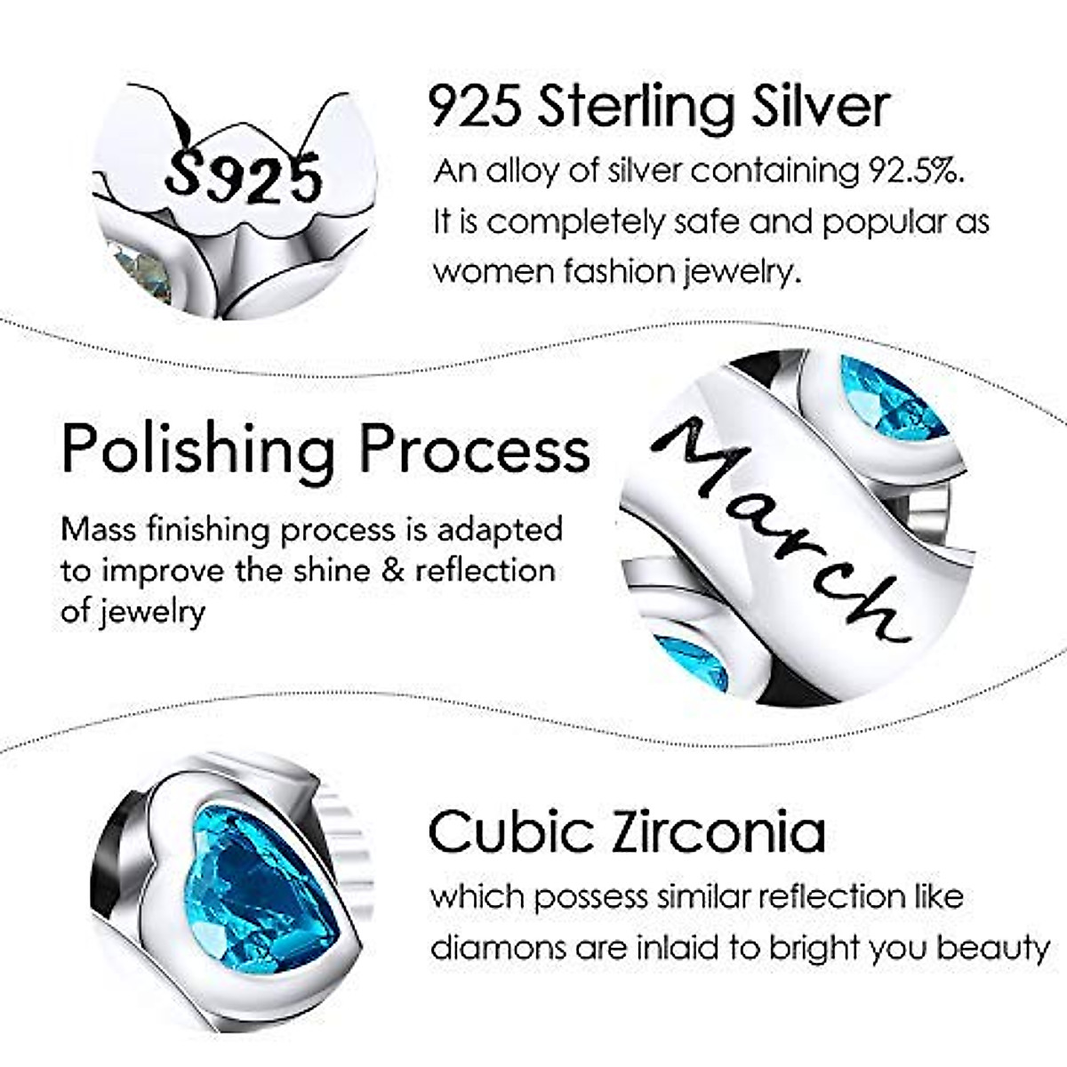 NINGAN March Birthstone Charms 925 Sterling Silver Love Heart Openwork Bead for Charm Bracelets and Necklaces with 5A Cubic Zirconia, Birthday Mothers Day Jewelry Gifts Women