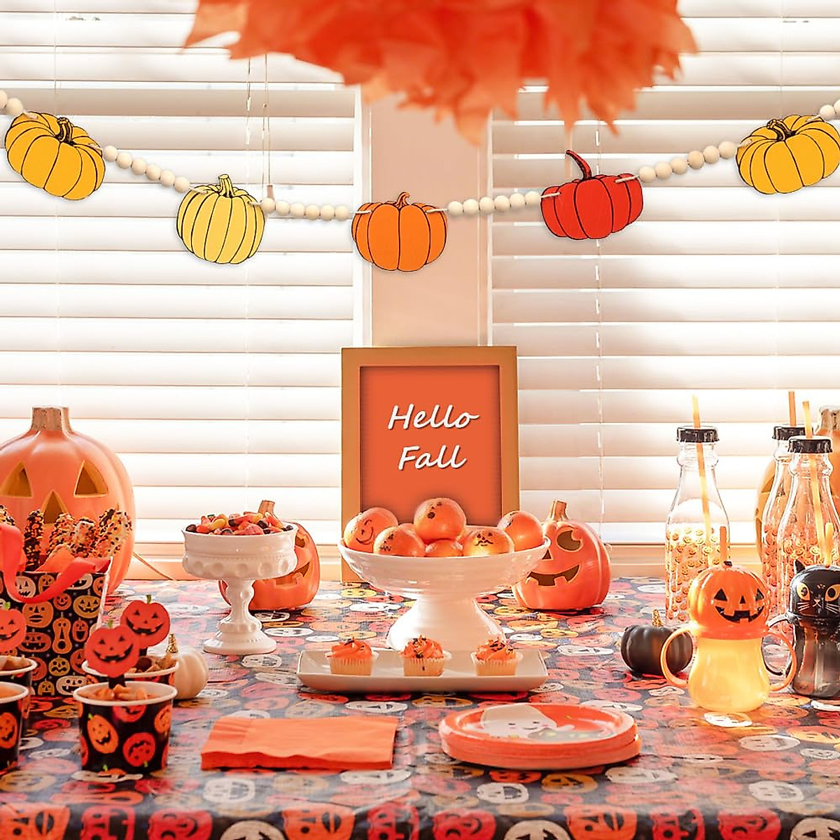 AKEROCK Fall Thanksgiving Garland for Mantle, Farmhouse Wood Pumpkin and Bead Thanksgiving Banner for Home Fireplace Mantel Decor - Pumpkin Garland Thanksgiving Decorations Indoor