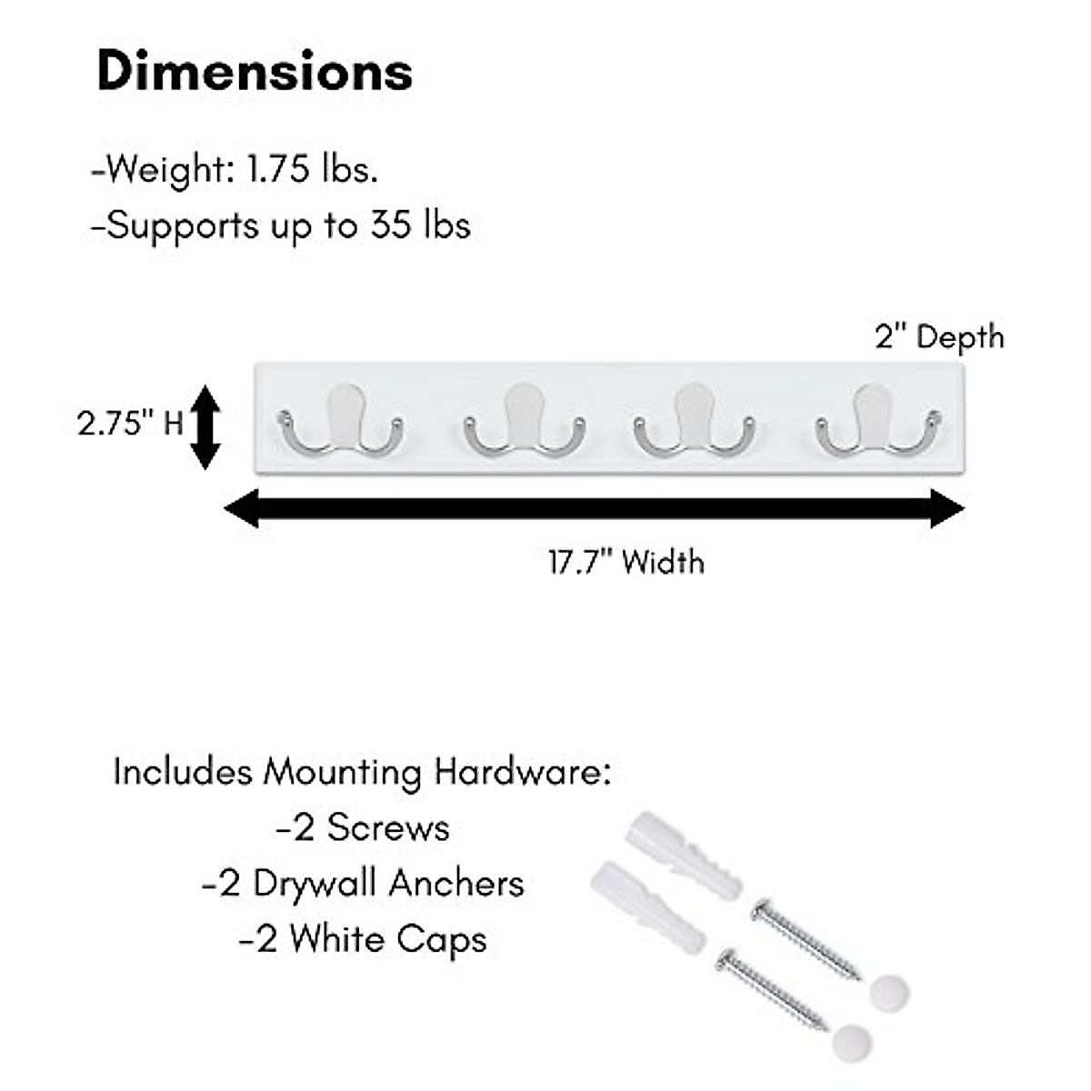 BirdRock Home Dual Hook Coat and Hat Rack - 4 Dual Hooks - 17 Inches - Wall Mount - Decorative Home Storage - Entryway Foyer Hallway Bathroom Bedroom Rail - Satin Nickel Hooks - White Pine Bathroom Ra