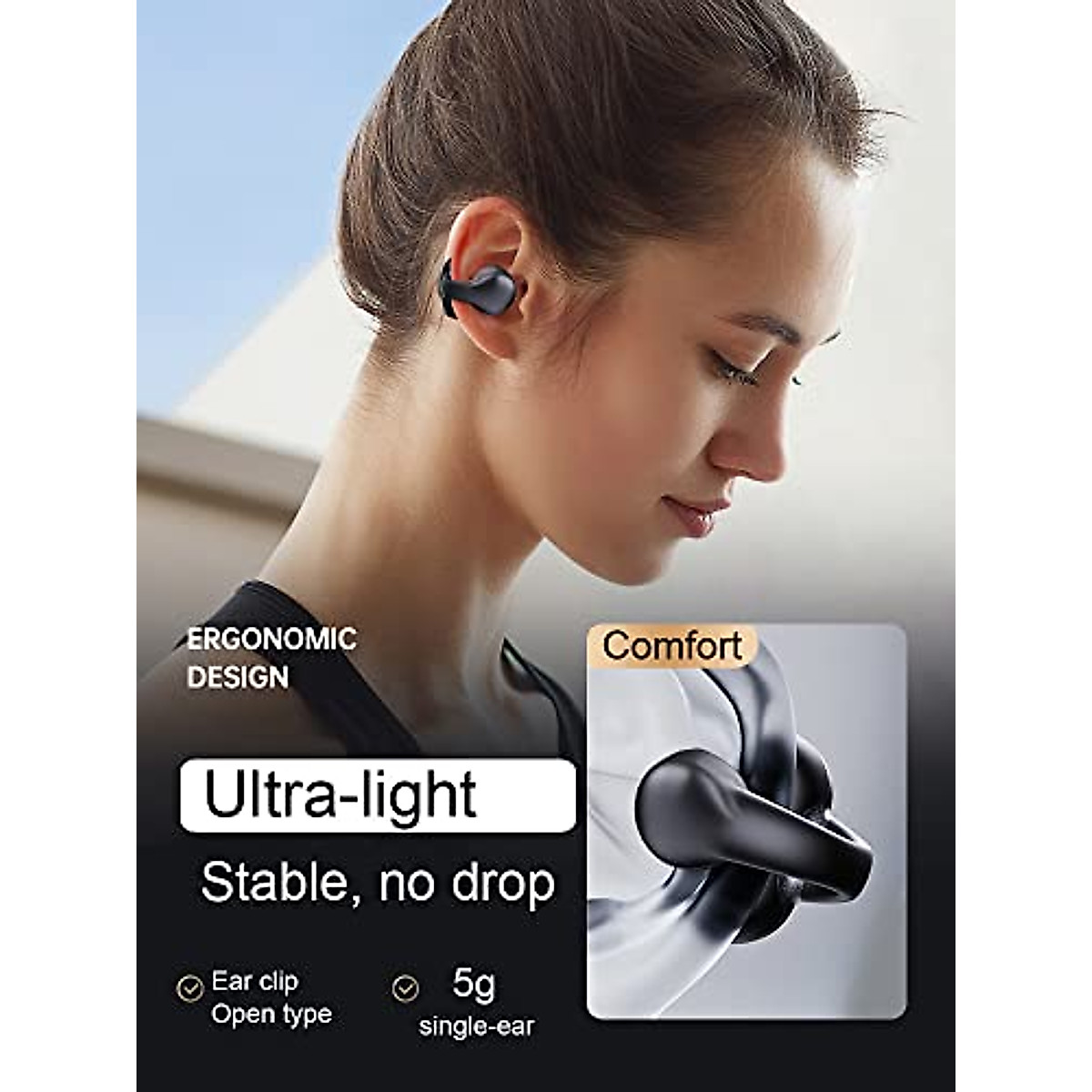Wireless Ear-Clip Bone Conduction Headphones Bluetooth 5.3, Open Ear Clip on Earbuds,Waterproof Mini Sport Running Earring Earphone, HiFi Sound/Long Battery Life
