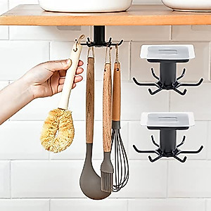 2 Pcs Under Cabinet Hanger Rack, 360° Rotation Nail Free Adhesive Kitchen Utensil Holder Hanging Hooks with 6 Rotatable Claws for Kitchen Bathroom Organizer and Storage (Black)