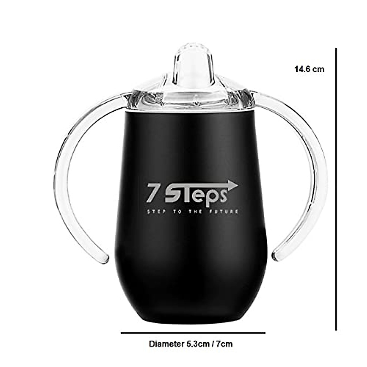 7 Steps - 10 Oz Stainless Steel Baby Children Kids Sippy Cup Tumbler - Double Wall - Vacuum Insulated - BPA Free - No Leak - No Spill (Black)