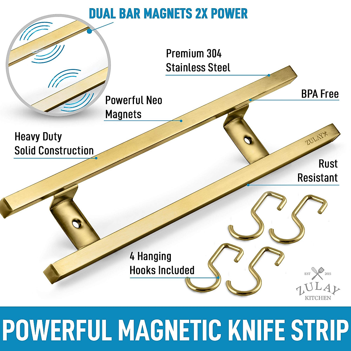 Zulay (12 Inch) Stainless Steel Magnetic Knife Holder For Wall - Powerful Knife Magnetic Strip With Extra Hanging Hooks - Wall Mount Magnetic Knife Strip & Organizer For Kitchen & Tools (Gold)