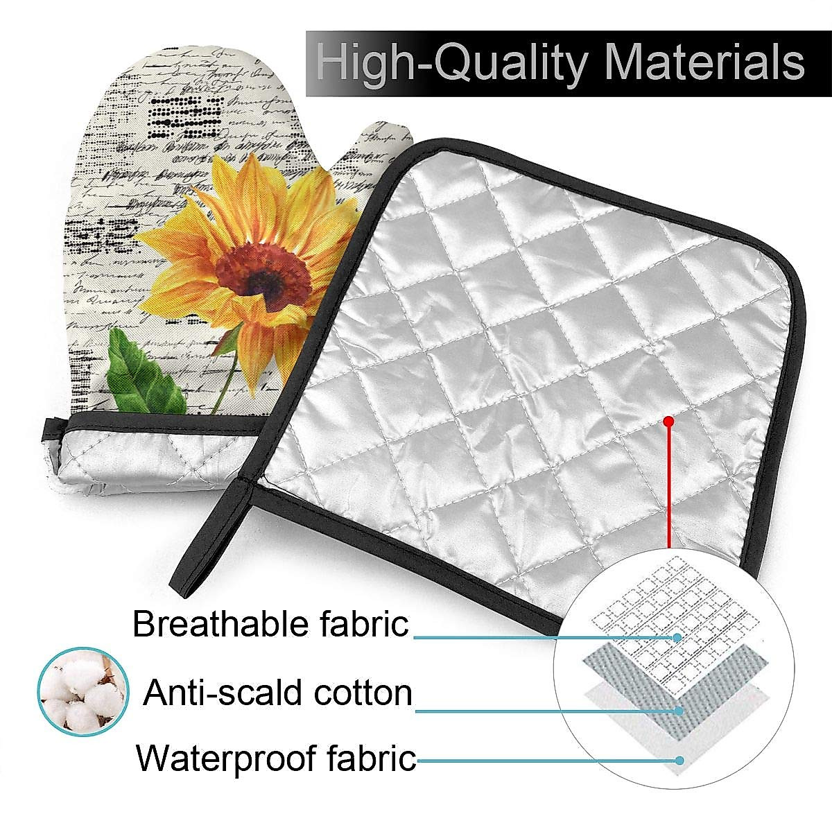 VunKo Watercolor Sunflowers Oven Mitts and Pot Holders Sets Heat Resistant Oven Gloves with Non-Slip Surface for Safe BBQ Cooking Baking Grilling Set of 2