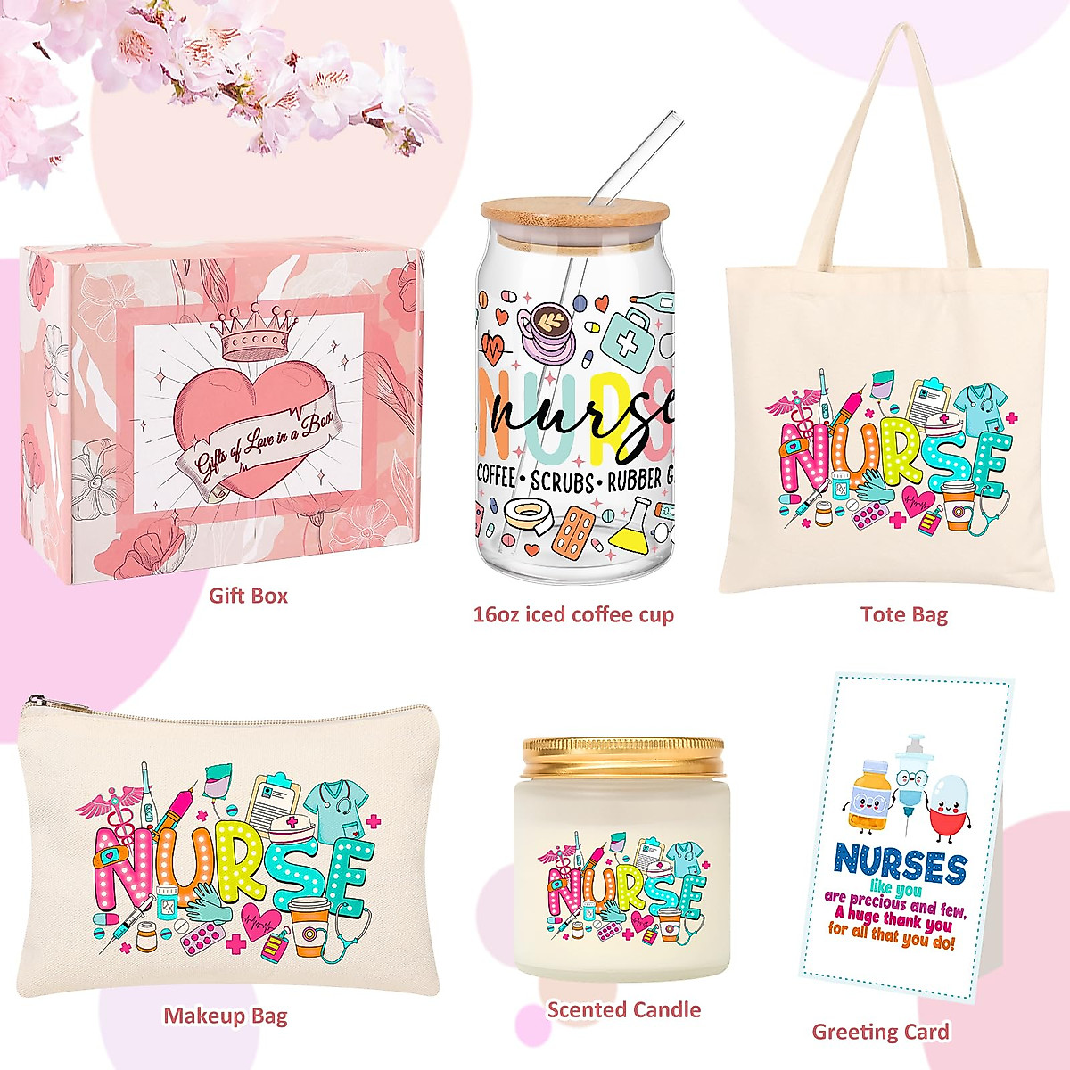 AYGE Nurse Gifts for Women, Nurses Week Gifts- Thoughtful Nurse Appreciation Gift Set - Includes Iced Coffee Cup/Candle/Tote Bag, Makeup Bag/Greeting Card, Nurse Graduation Gift