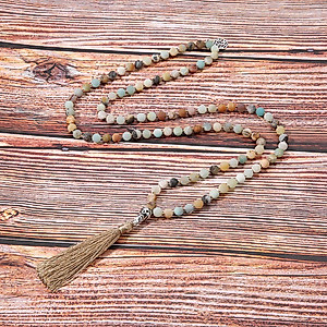 BALIBALI 108 Mala Beads Necklace Semi-Precious Gem Stones Meditation Necklace 108 Hand Knotted Japa Mala Beaded Tassel Necklace with Tree of Life Pendant