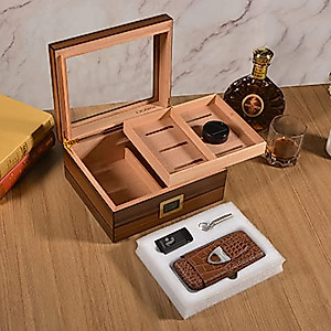 CIGAIOL Handcraft Cigar Kits with Cutter and Lighter, Luxurious Humidor Cigar Box Hold 30-50 Cigars 100% Cedar Wood Case with Digital Cigar Hygrometer/Travel humidor (No Cigars, no Batteries, no Gas)