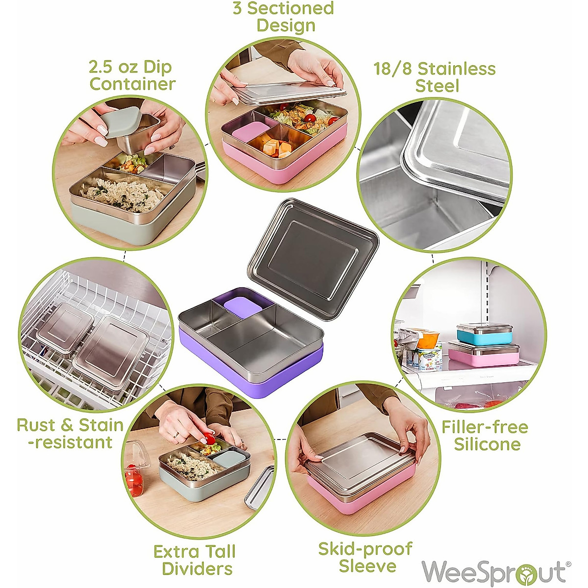 WeeSprout 18/8 Stainless Steel Bento Box (Large) - 3 Compartment Metal Lunch Box, Skid-proof Silicone, for Kids & Adults, Bonus Dip Container, Fits in Lunch & Work Bags, Dishwasher & Freezer Friendly