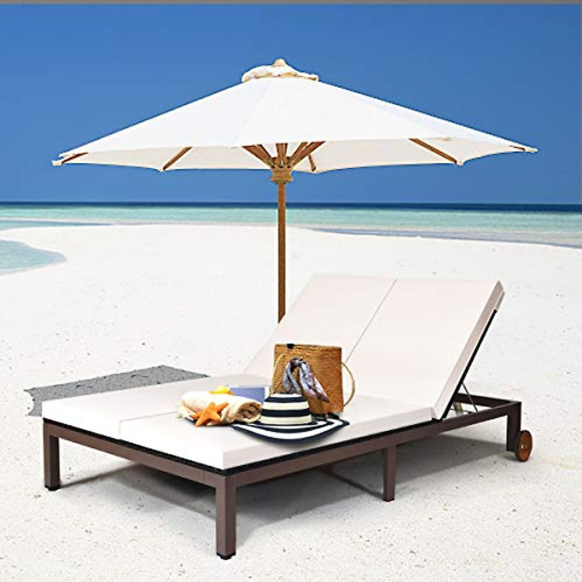 HAPPYGRILL 2-Person Patio Lounge Chair Rattan Wicker Chaise Lounge with Adjustable Backrest, Outdoor Loveseat Sofa Daybed with Wheels & Cushion for Garden Lawn Backyard