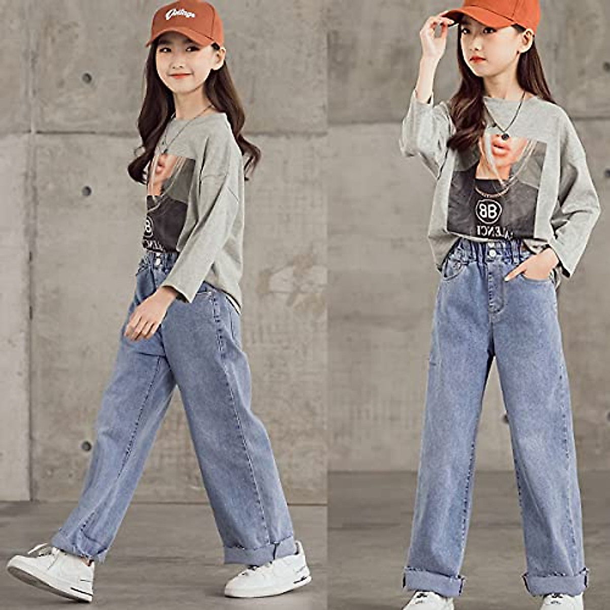 YaYabroe Kids Girls Ripped Jeans Washed Elastic Waist Wide Leg Baggy Pants Size 5-14 Years (Light Blue, 12-13 Years)