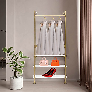 HYYKJ-US 3 Layer Shelves Wall Mounted Clothes Rail Shelf Multifunctional Garment Rack Towel Rack Vintage Clothes Rack Clothing Organizer for Retail Entryway Bedroom Balcony Indoor Use Home Decor Gold