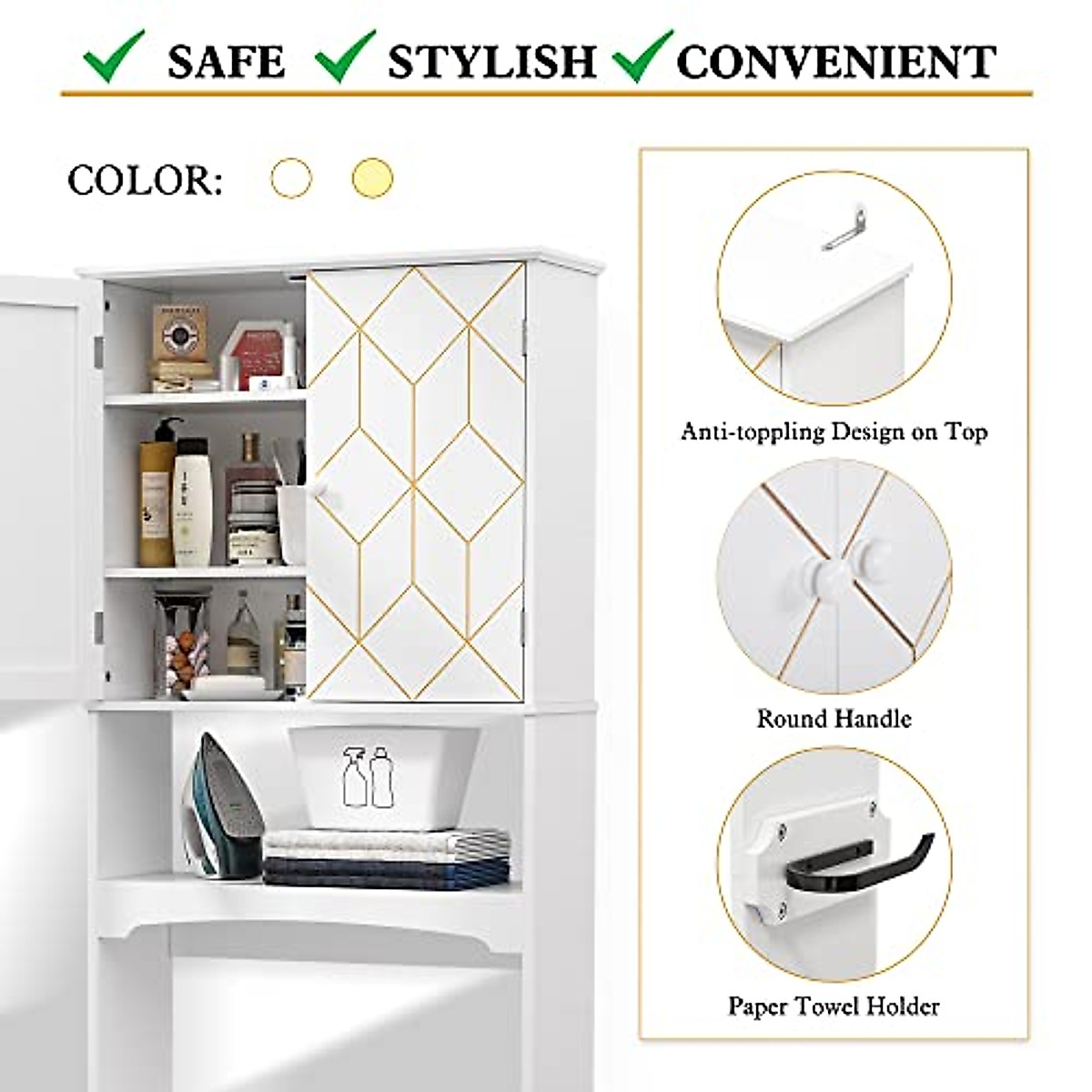 AZODY Over The Toilet Storage Cabinet with Gold Trim, Modern Bathroom Organizer Over Toilet with Adjustable Shelves and Toilet Paper Holder for Bathroom, White