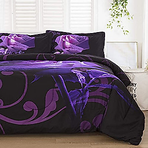 Purple Comforter Set Full Reversible Purple Rose Pattern Printed Bedding Down Comforter with 2 Pillow Cases for All Seasons, Soft Microfiber Bedding Comforter Duvet Set for Full Bed 80"x90"