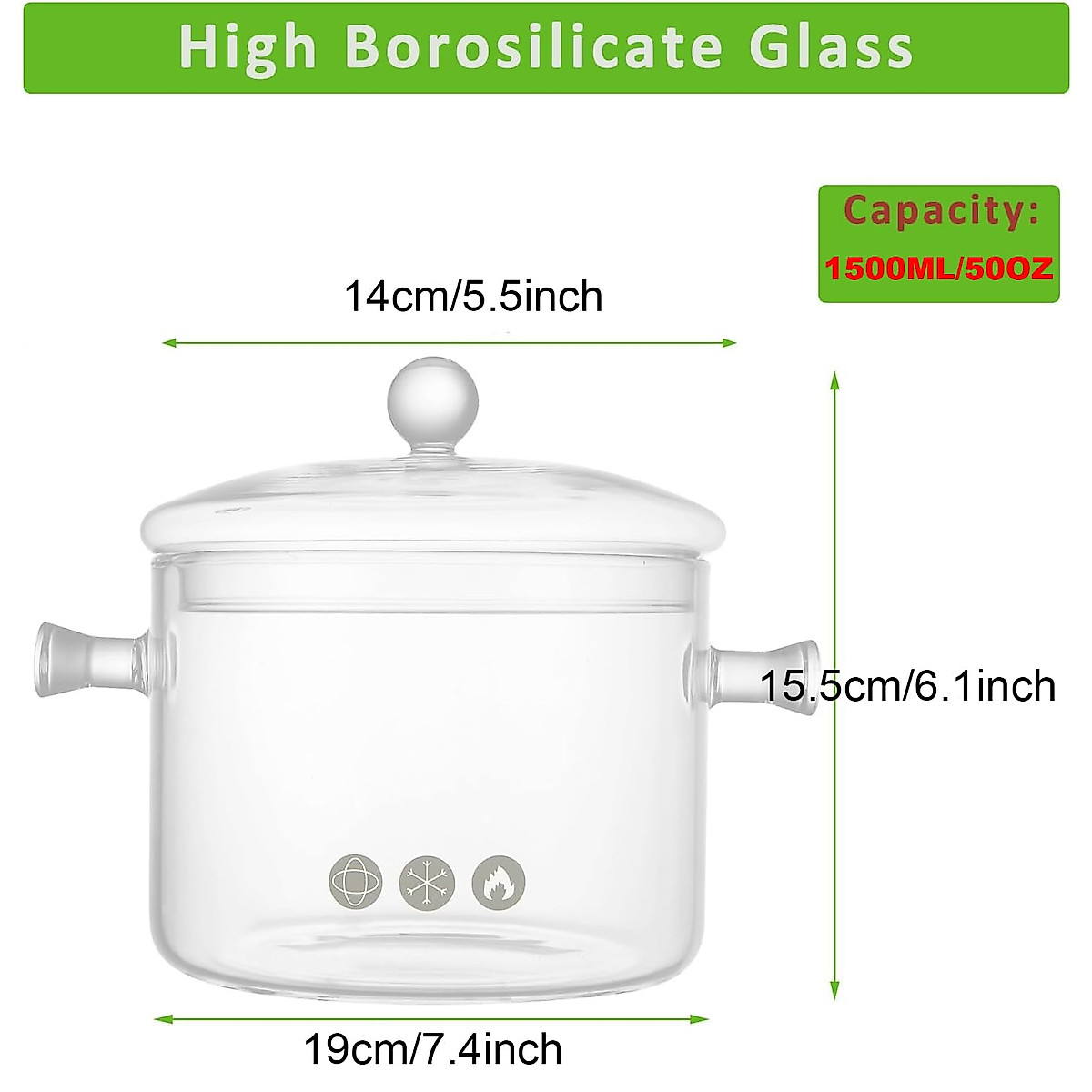 Riavzau Glass Cooking Pot, 1.5L/50oz Heat-Resistant Borosilicate Glass Saucepan with Cover, Cookware Set Stovetop Pot for Soup, Pasta,& Baby Food (50OZ)