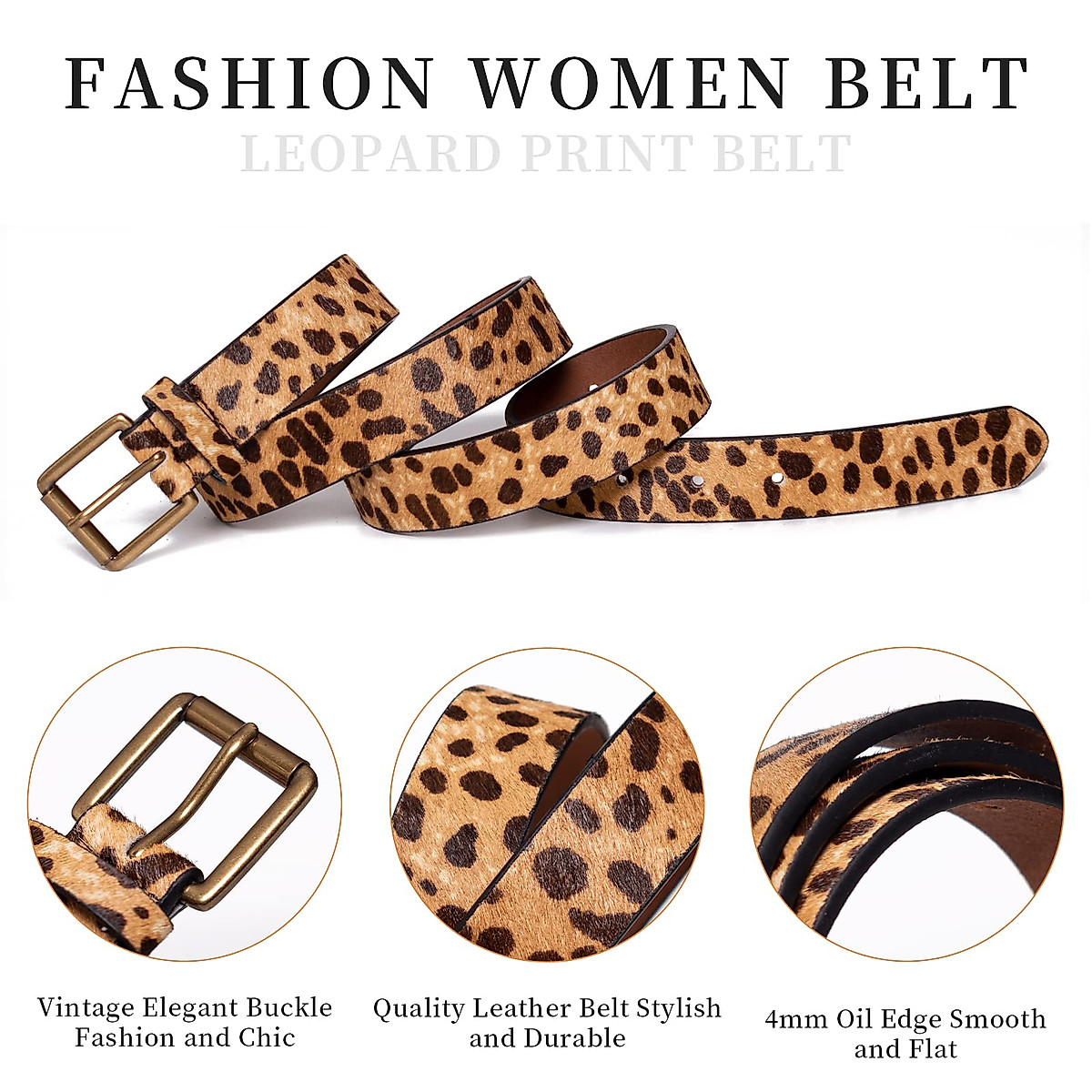 JIEDE Leopard Print Belt for Women Genuine Leather Waist Belts for Jeans (Width-28mm, L - 0Fits Waist 36''-40'')
