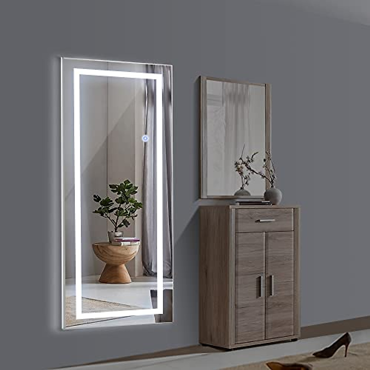 QiMH Vertical 47x22 Inch Wall Mounted LED Lighted Vanity Mirror with Aluminum Frame Backlit, 3 Colors Dimmable Light, Bedroom and Bathroom Hanging Rectangle Whole Body Mirror